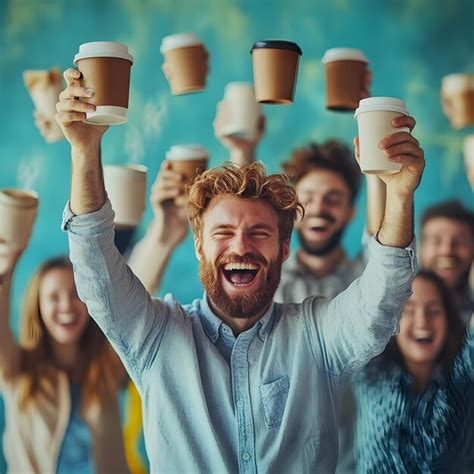 Gente Con Tazas De Café Flotantes Y Expresiones Alegres Concepto Como