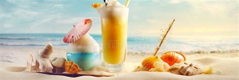 Glass With Classic Mimosa Cocktail On The Sand Beach With Shells Over