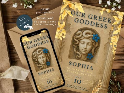 Greek Mythology Birthday Invitation Medusa Goddess Theme Editable