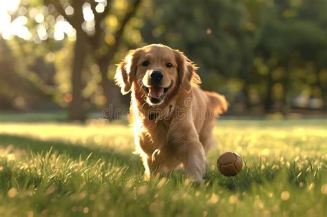 Happy Golden Retriever Playing in Sunlit Park Stock Illustration - Illustration of joyful ...