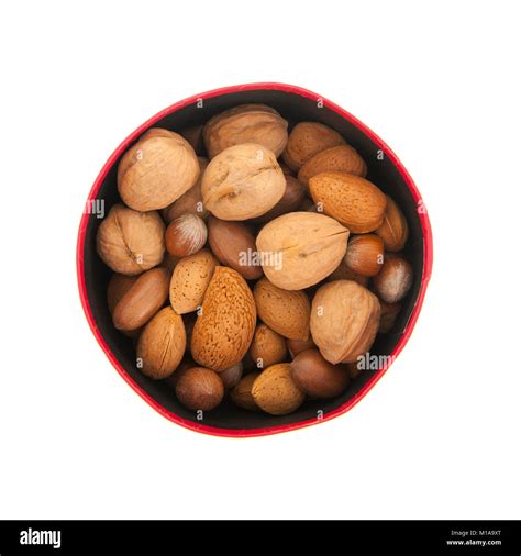 Round Box With Assortment Nuts Isolated Over White Background Stock