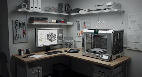A High Tech Corner Of An Office Featuring A 3d Printer In Action Stock