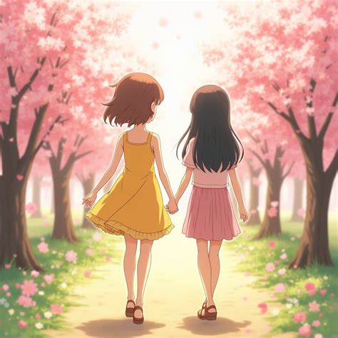 Two Anime Girl Holding Hand Anime Girls Stroll Through Whi