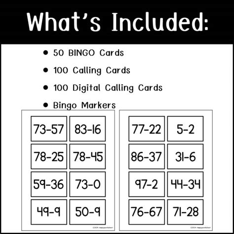 Subtraction Bingo Game Within 100 Math Facts Practice For Grade 1 2