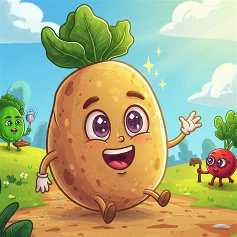 Cheerful Cartoon Scene Featuring An Animated Potato With Large Eyes And