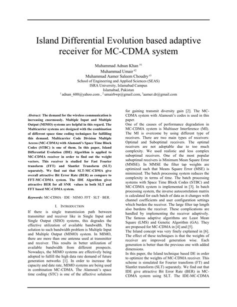 Pdf Island Differential Evolution Based Adaptive Receiver For Mc Cdma