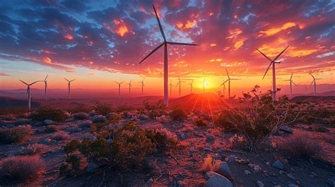 A Sunset With Windmills In The Background And The Sun Setting Behind