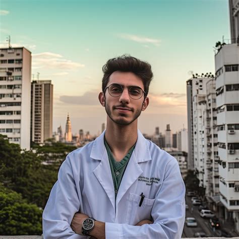 Premium Ai Image A Man In A Lab Coat Stands In Front Of A Cityscape