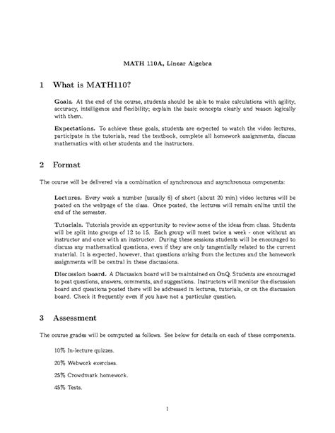 Math 110 Syllabus Math 110a Linear Algebra 1 What Is Math110 Goals