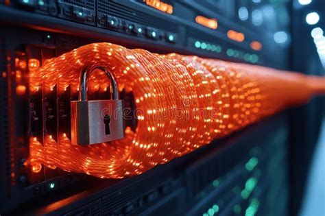 Secured Server Network With Fiber Optic Cables And Lock Stock Illustration Illustration Of