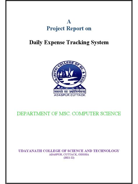 Daily Expense Tracking System A Project Report On Pdf World Wide