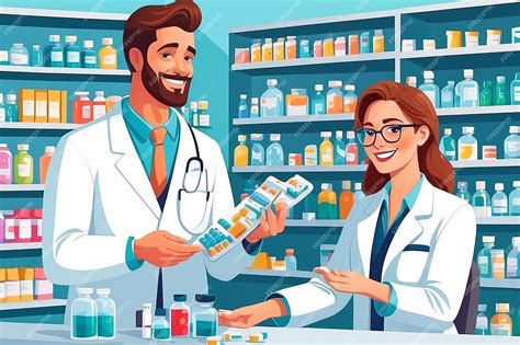 En El Mostrador Un Farmacéutico Sonriente Se Turna Vendiendo Medicamentos A Los Clientes Closeup