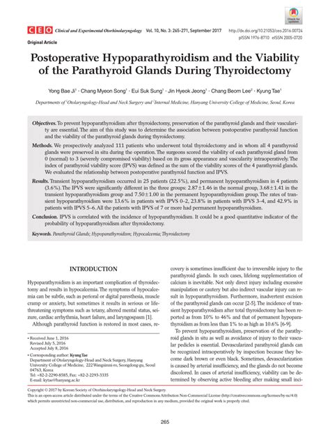 Pdf Postoperative Hypoparathyroidism And The Viability Of The Parathyroid Glands During