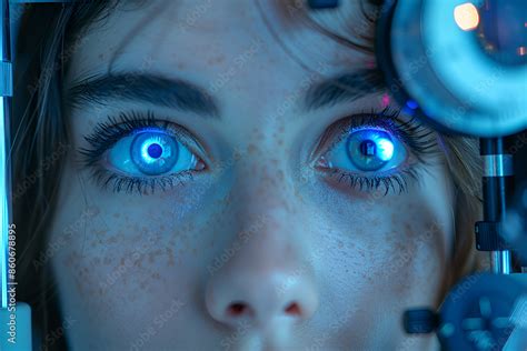 Woman Optometry And Slit Lamp For Vision Test And Care In Wellness