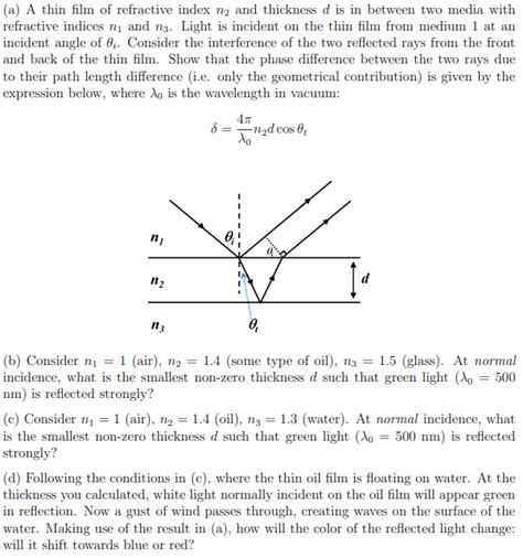 Solved (a) A thin film of refractive index n2 and thickness | Chegg.com