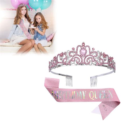 Birthday Crown Birthday Girl Sash And Tiara Headband Set Glitter Pink