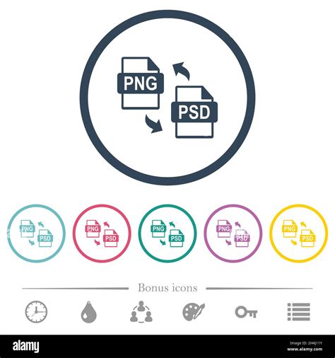 PNG PSD File Conversion Flat Color Icons In Round Outlines Bonus Icons Included Stock Vector