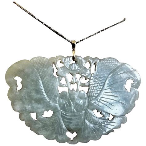 Chinese Carved Nephrite Jade Moth Pendant 375 Wide With 14k Gold Bail