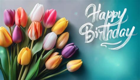 Beautiful Bouquet Of Tulip Flowers With Happy Birthday Premium Ai