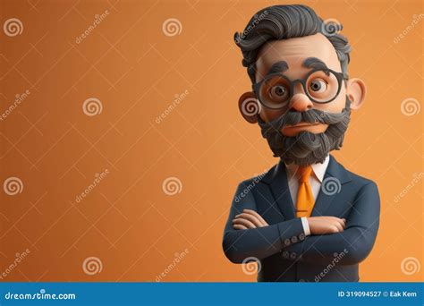 Suave Cartoon Character With Glasses And Beard In Suit On Orange Background Animated Modern Man