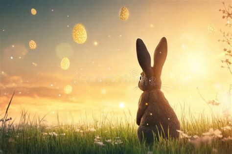 Magical Easter Bunny Standing Field Tall Grass Gazing Up Floating Eggs