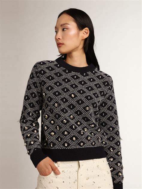 여성 화이트 앤 블루 지오메트릭 모티프 라운드넥 스웨터 Golden Goose