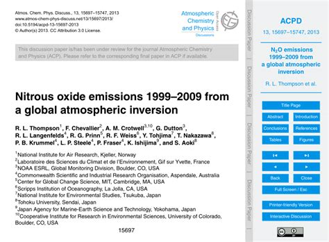 Pdf Nitrous Oxide Emissions 1999 2009 From A Global Atmospheric Inversion