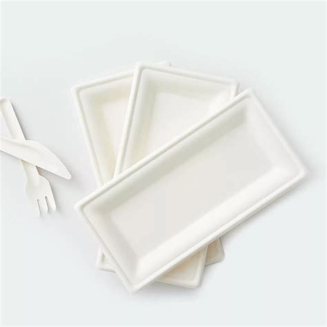 White Compostable Sugarcane Bagasse Rectangular Plate Packaging