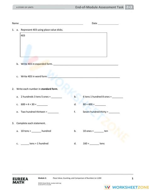 Eureka Module 3 End Of Module Test Worksheet