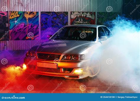Sport Car At The Night City Street In Neon Light With Smoke Editorial