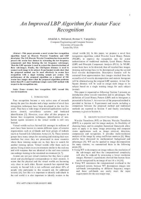Pdf An Improved Lbp Algorithm For Avatar Face Recognition