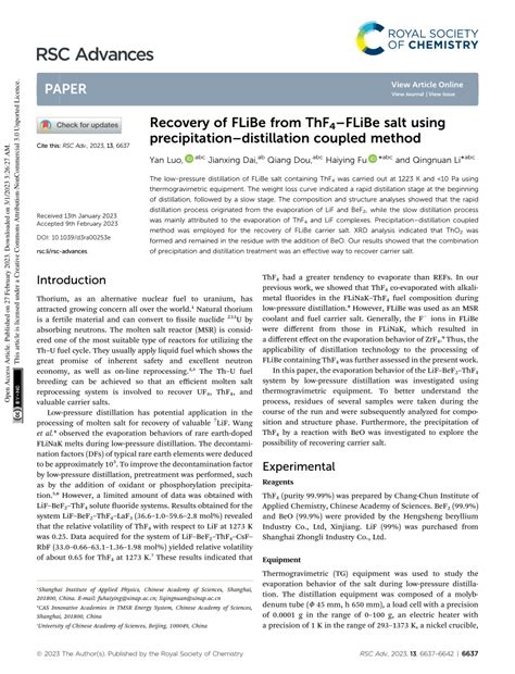 PDF Recovery Of FLiBe From ThF FLiBe Salt Using Precipitationdistillation Coupled Method