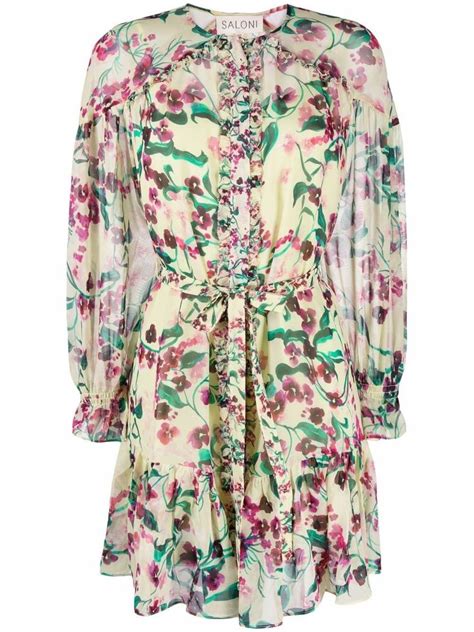 Saloni Vestido Pixie Com Babados E Estampa Floral Verde Vestido De Seda Babados Estampas