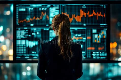 A Woman In A Business Suit Stares At Stock Market Data On Large Monitors In An Office With