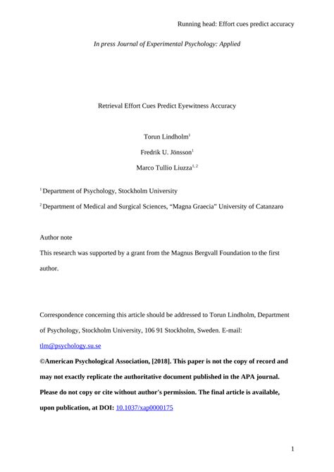 Pdf Retrieval Effort Cues Predict Eyewitness Accuracy