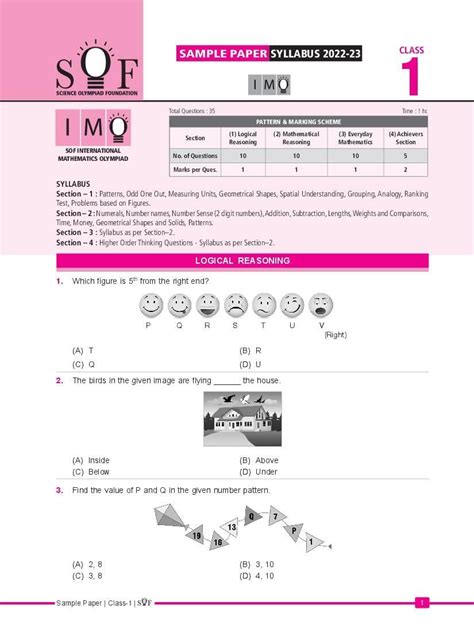 Sof Imo Sample Paper 2023 Class 1 Sample Paper Teaching Math Marking Scheme