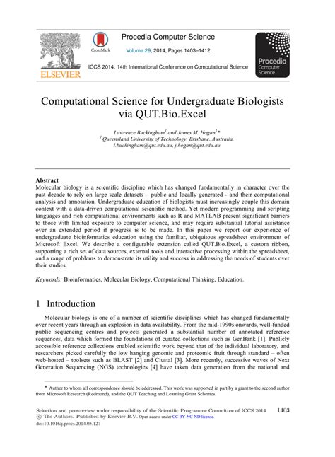 Pdf Computational Science For Undergraduate Biologists Via Qut Bio Excel