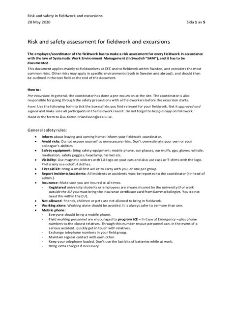 Fillable Online Guidance On Health And Safety In Fieldwork Th And Fax