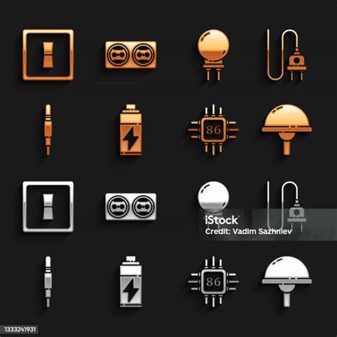 배터리 전기 플러그 발광 다이오드 마이크로 회로 Cpu 오디오 잭 라이트 스위치 및 전기 콘센트 아이콘프로세서를 설정합니다 벡터 Cpu에 대한 스톡 벡터 아트 및 기타