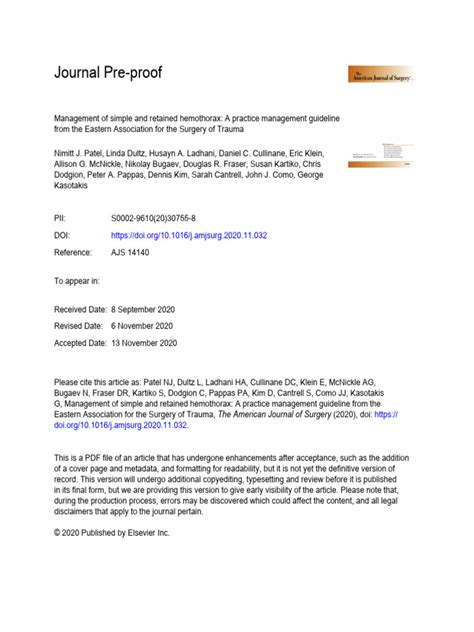 Hemothorax Management Of Simple And Retained 2020 Ajsurgery Pdf