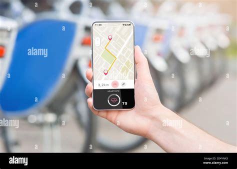 Modern Applications For Cycling Trip Male Hand Holds Smartphone With Gps Navigation Route On