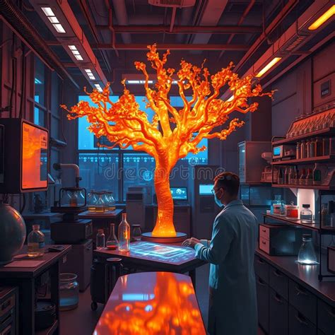 Advanced Research Lab Glowing Orange Tree Illuminates High Tech