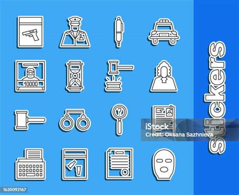 세트 라인 도둑 마스크 소송 용지 판사 펜 모래가 있는 오래된 모래시계 수배 포스터 증거 가방 권총 또는 총과 망치 아이콘 벡터 개척시대의 서부에 대한 스톡 벡터 아트 및