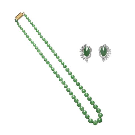 No Reserve Jadeite Bead Necklace Together With A Pair Of Jadeite And Diamond Earrings