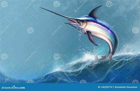 Swordfish Against Ocean Waves Background Stock Illustration