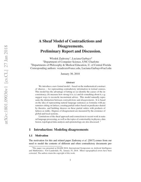 A Sheaf Model Of Contradictions And Disagreements Preliminary Report