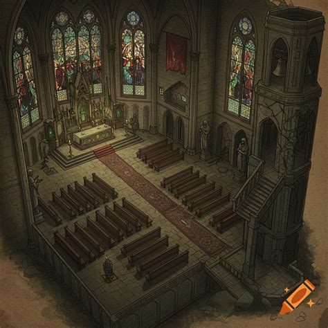 An Isometric Illustration Of A Grand Dilapidated Gothic Cathedral