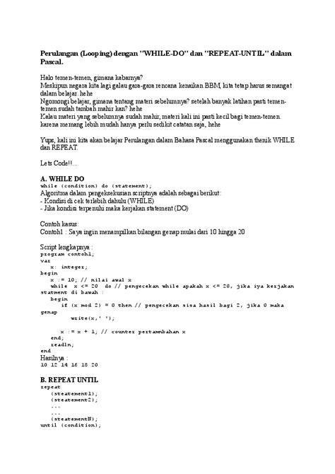 doc perulangan looping dengan while do dan repeat until dalam pascal