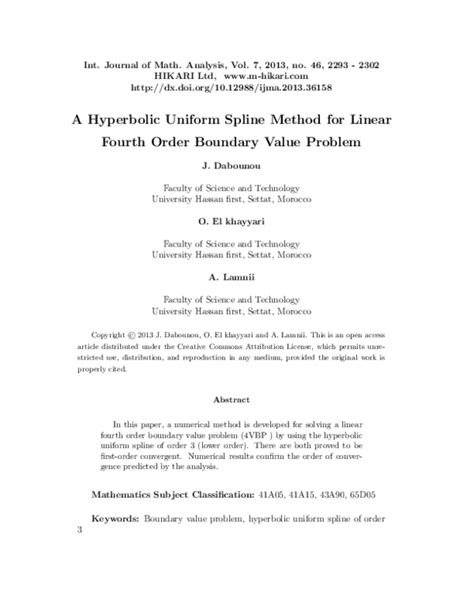 Pdf Hyperbolic Spline Method For Fourth Order Boundary Value Problems