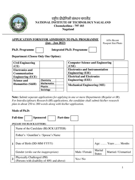 Fillable Online Nit Nagaland Phd Admission 2023 Application Form Dates